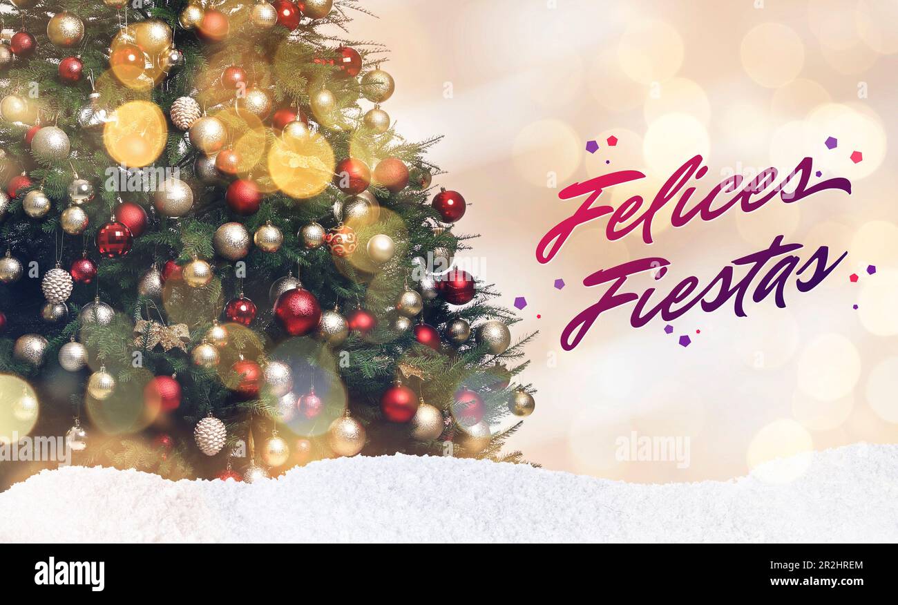 Felices Fiestas. Festive greeting card with happy holiday's wishes in ...