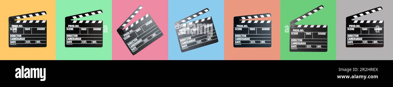 Set with clapperboards on different color backgrounds. Banner design ...