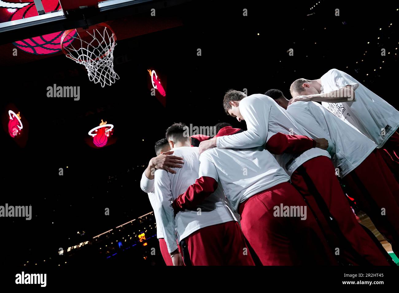 Miami Heat players huddle before Game 2 of the team's NBA basketball ...