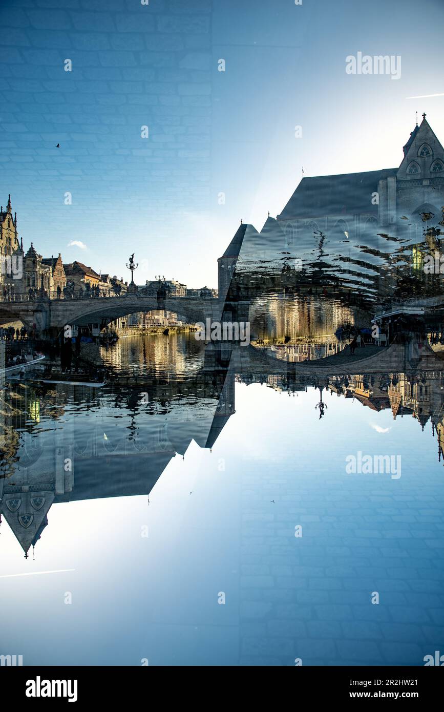 Double exposure photo of the Saint Michael's bridge in Gent, Belgium ...