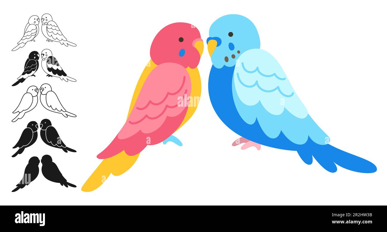Couple parrots tropical bright childish cartoon set. Exotic budgerigar ...