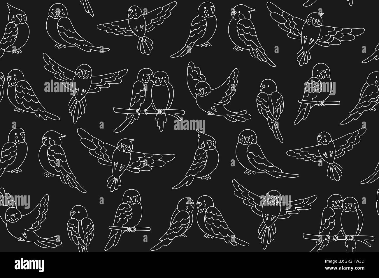 Flying Parrot tropical outline engraving seamless pattern. Exotic birds ...
