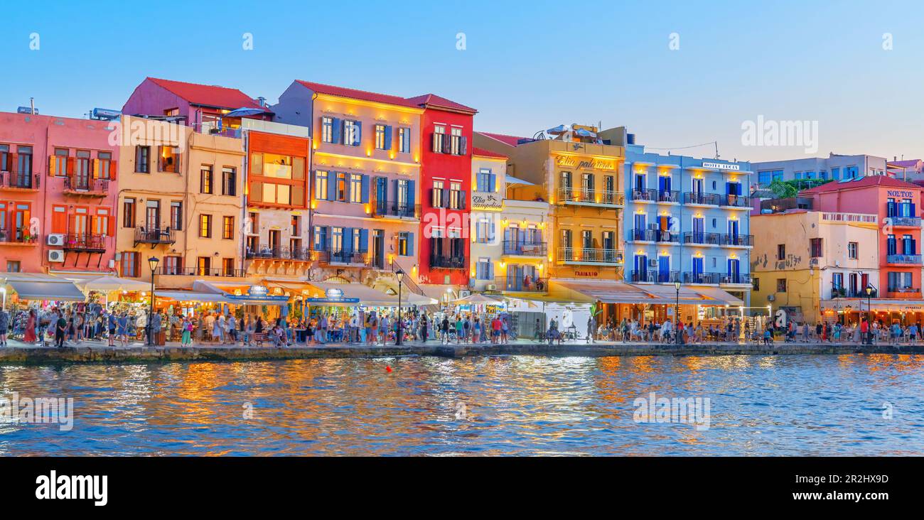 colorful houses on the beach in the evening, Chania, Crete, Greek ...