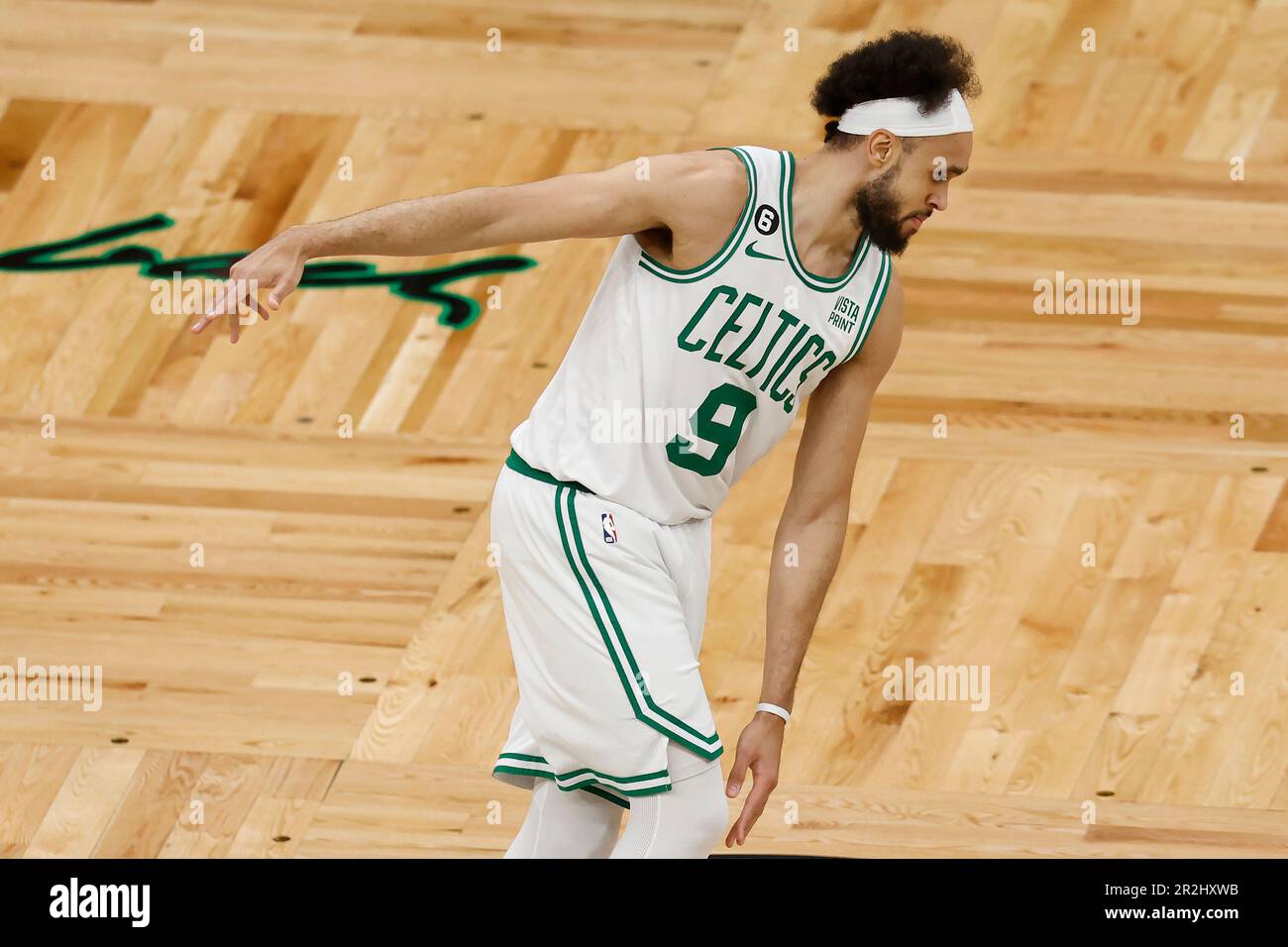 Boston Celtics guard Derrick White (9) gestures during the first half of Game 2 of the NBA ...