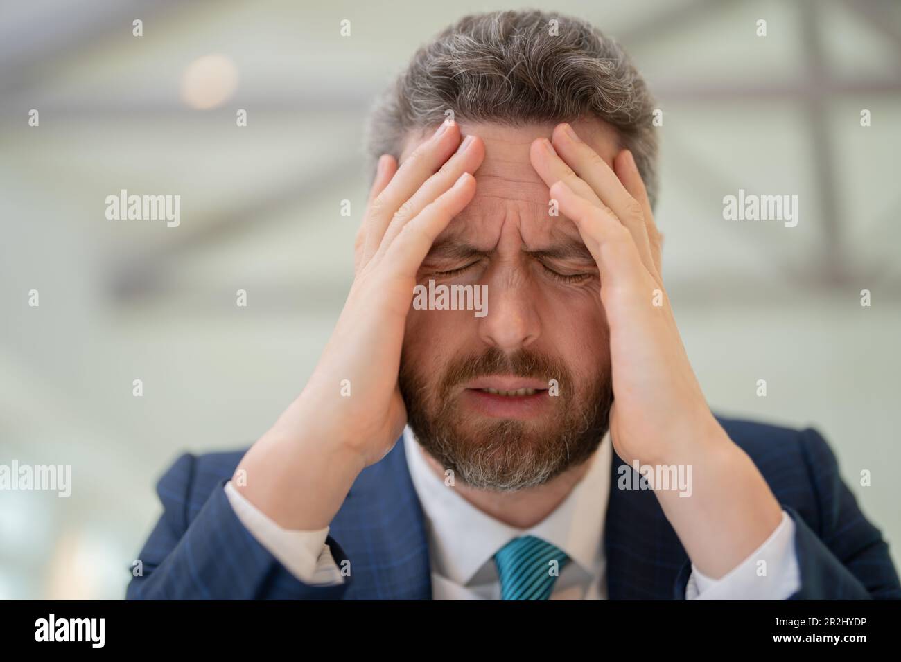 Head pain concept. Cephalalgia and migraine. Man with sinus headache ...