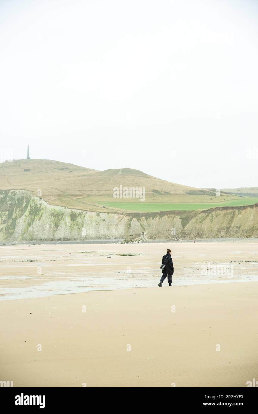 Woman walking on beach of Cap Blanc-Nez, Escalles, France Stock Photo ...