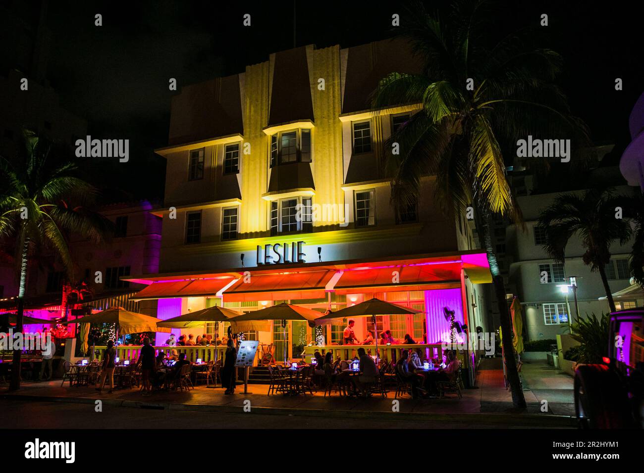 Ocean Drive in Miami Florida at night, nightlife and nightclubs, USA ...
