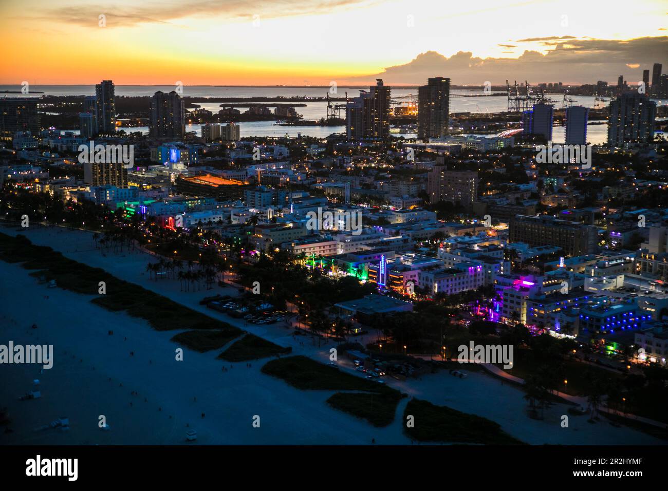 Aerial shot of Miami skyline at sunset, Florida USA Stock Photo - Alamy