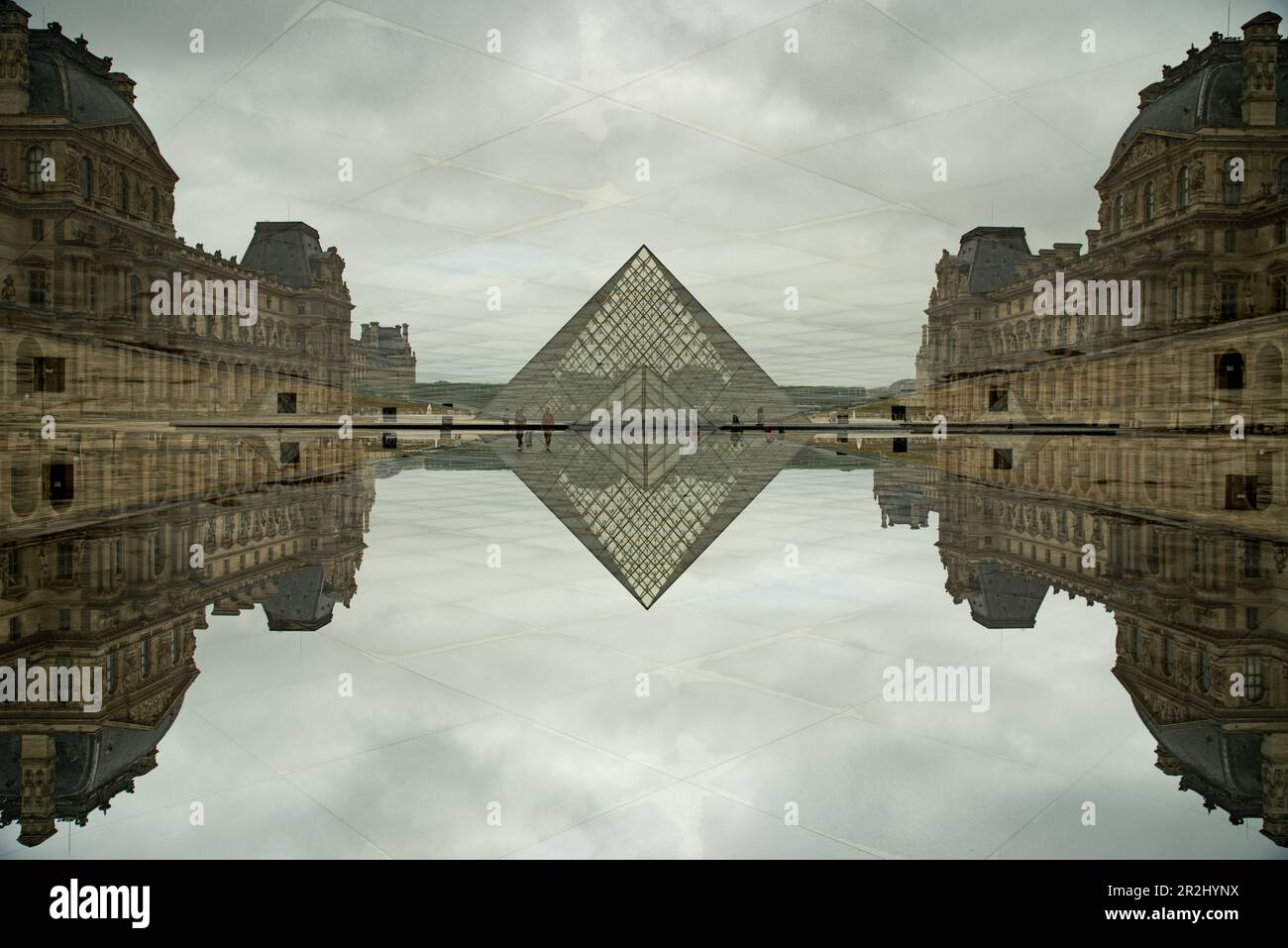 Double exposure of the glass pyramid entrance of the famed Louvre ...