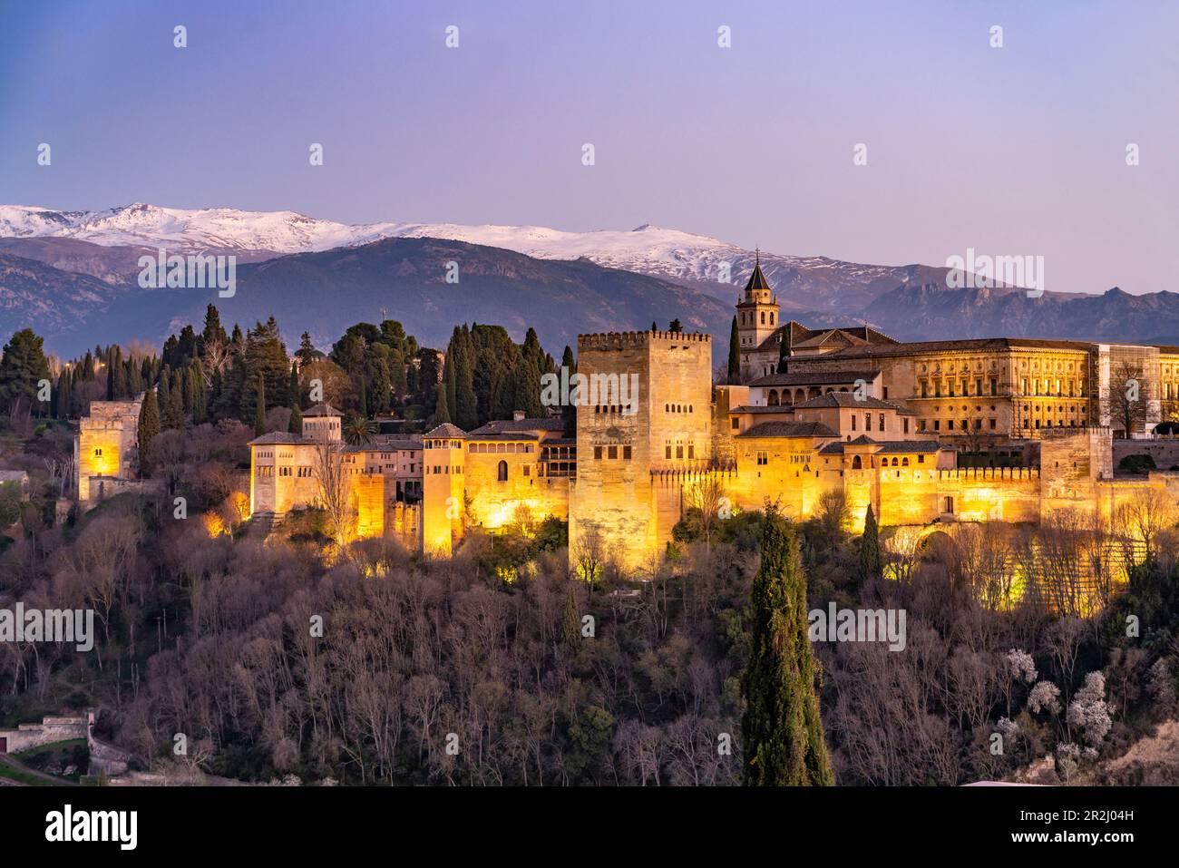 View from Mirador de San Nicolas of Alhambra and the snow-capped Sierra ...