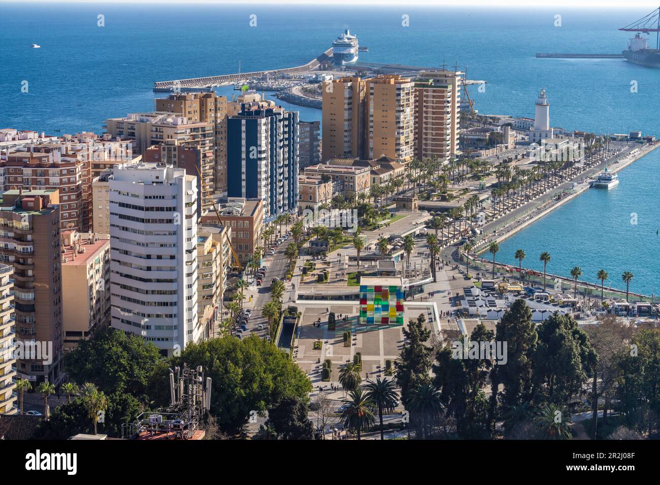 High-rise buildings and Muelle Uno harbor promenade with the Pompidou ...