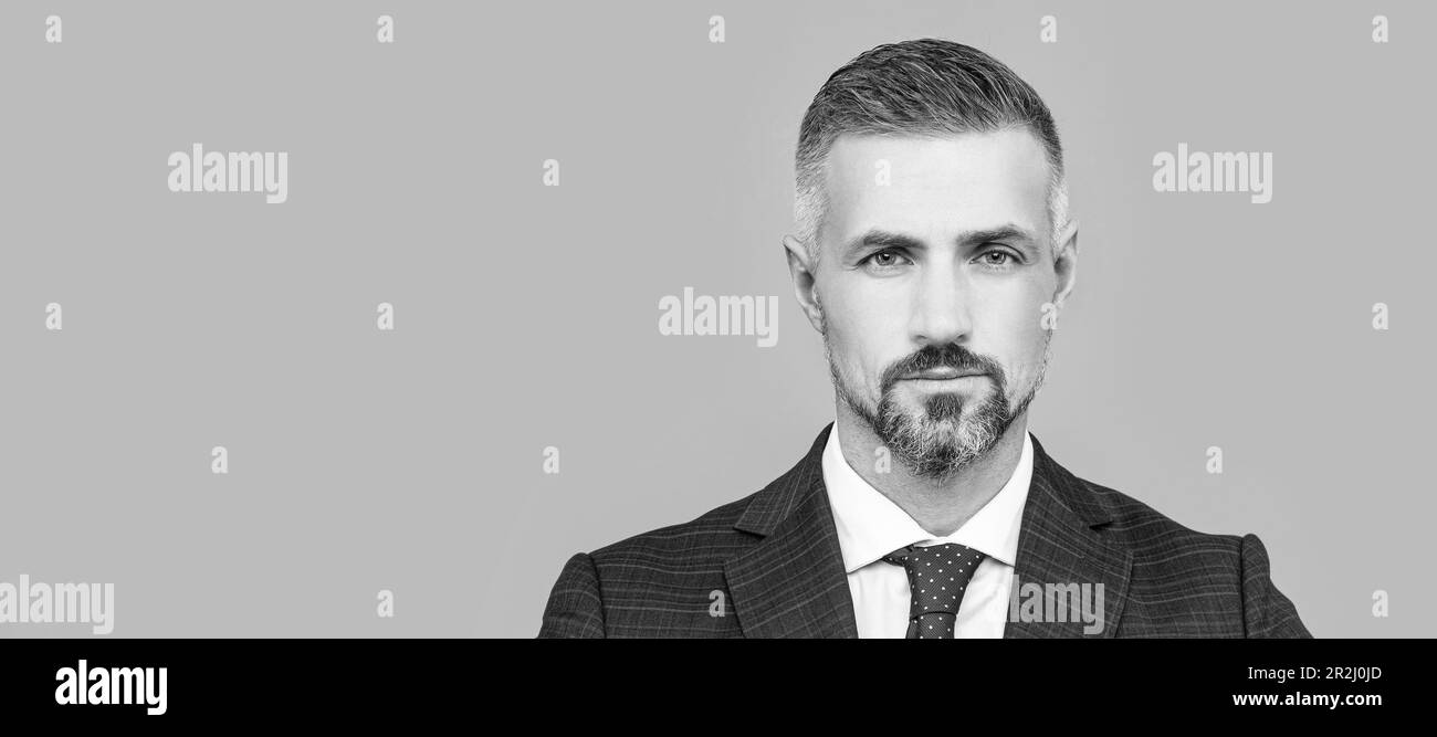 Man face portrait, banner with copy space. grizzled businessman hold ...