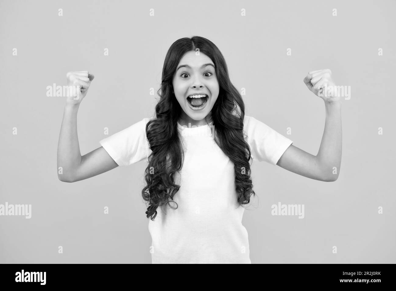 Teenager child overjoyed successful do winner gesture clench fist say ...