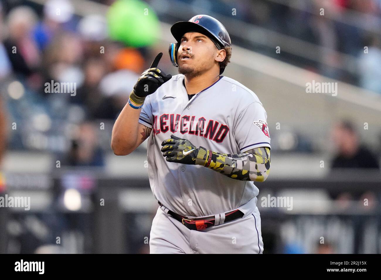 Cleveland Guardians' Josh Naylor gestures as he runs the bases after ...