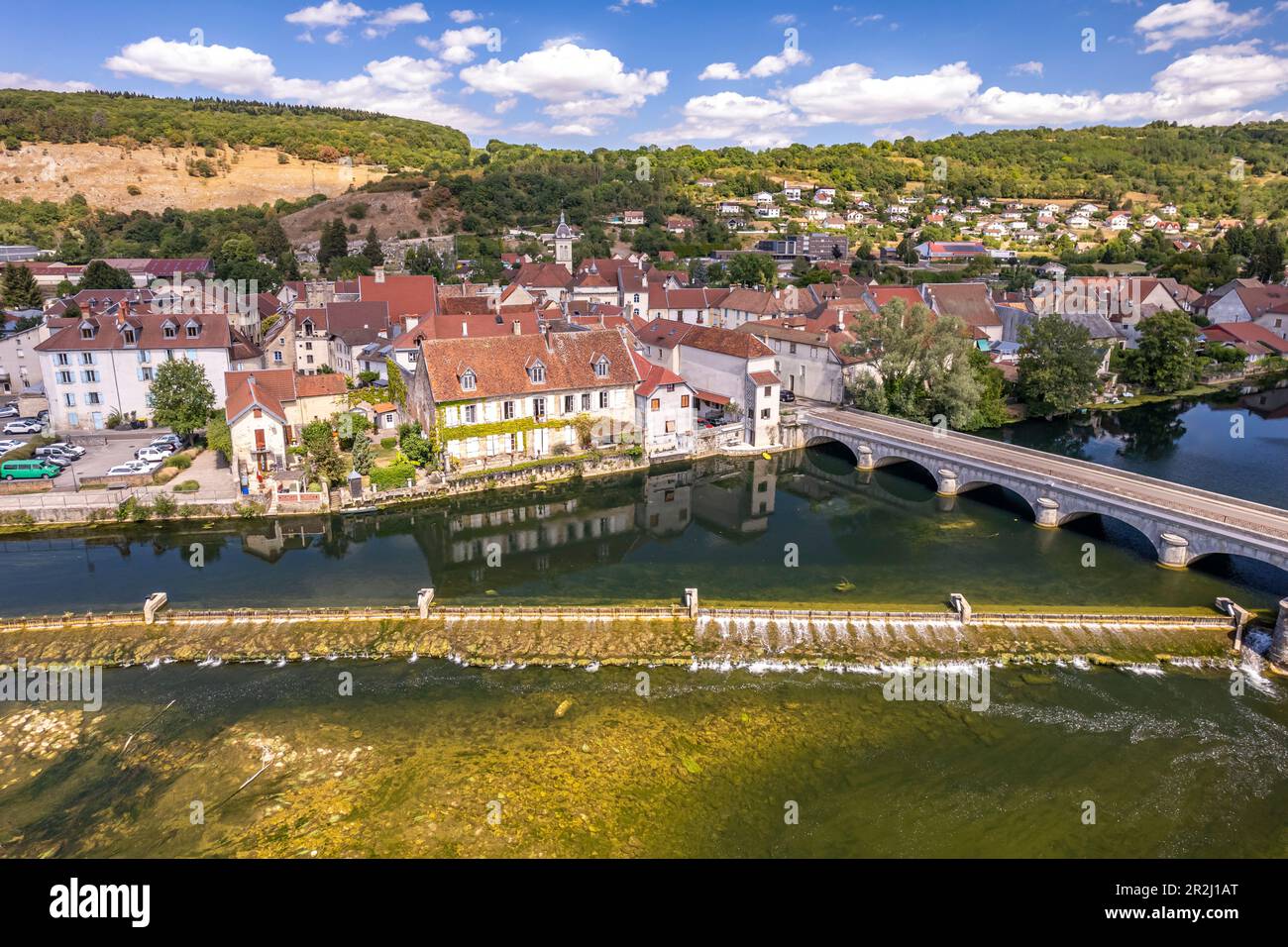 Quingey and the Loue river seen from above, Bourgogne-Franche-Comté ...