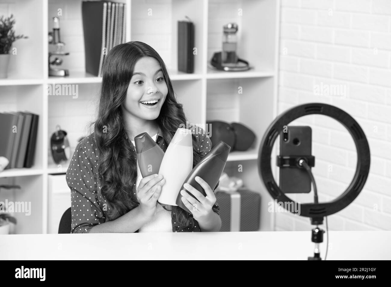 Teenager child recording video tutorial for social media with smart ...