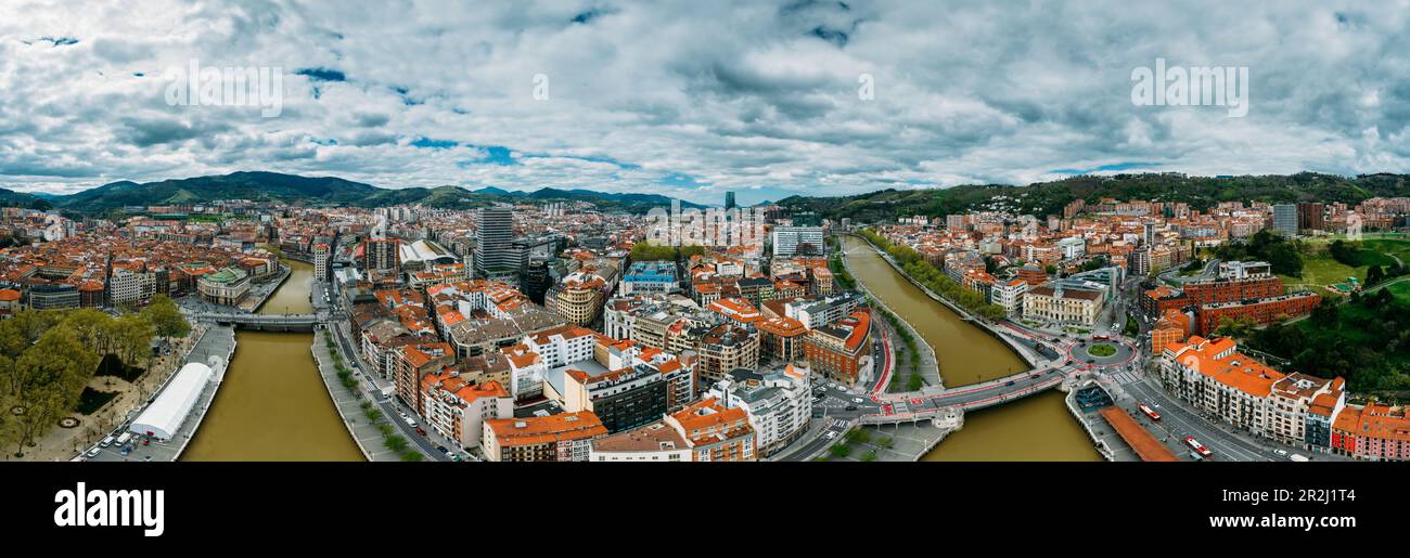Aerial drone panoramic view of Bilbao, population 345000, Basque ...