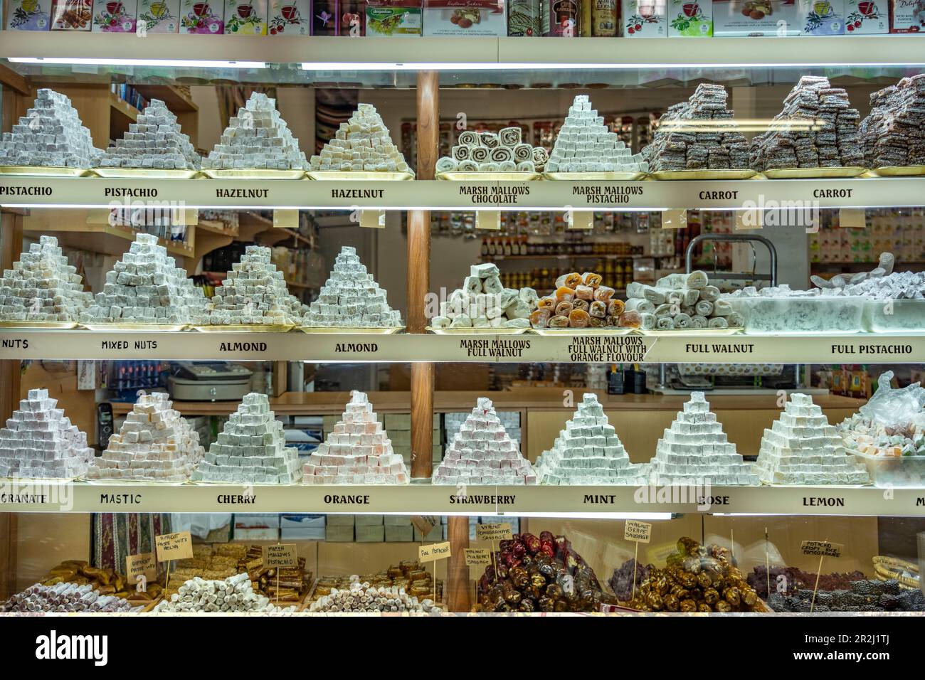 Turkish sweets in a shop window, North Nicosia or Lefkosa, Turkish ...