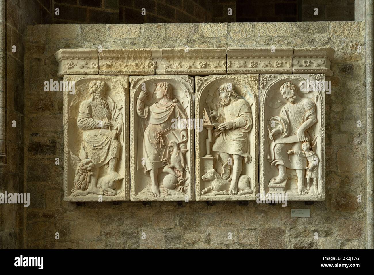 Limestone relief of the four evangelists Mark, John, Luke and Matthew ...