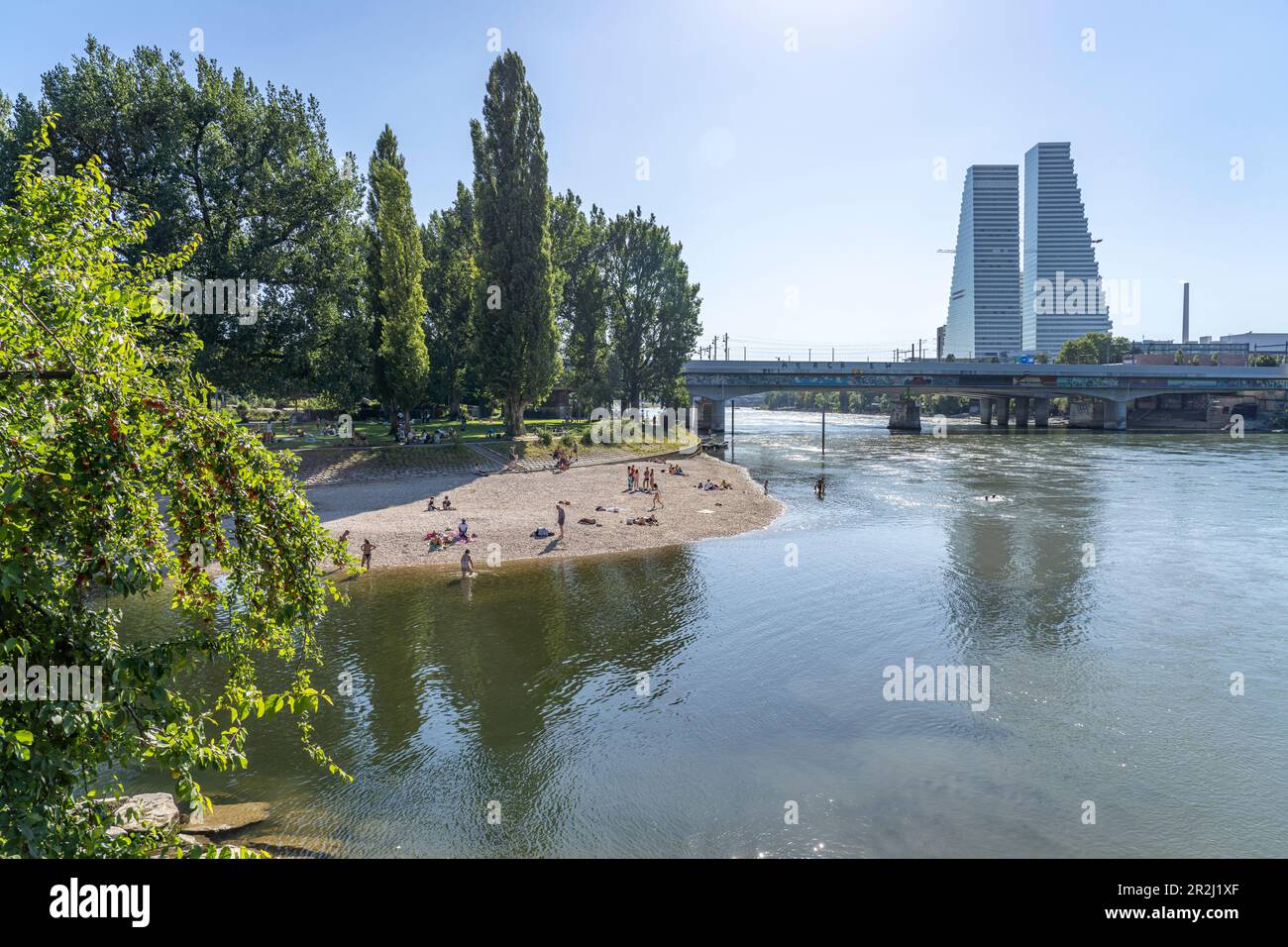 Rhine swimming beach and Roche Tower in Basel, Switzerland, Europe ...