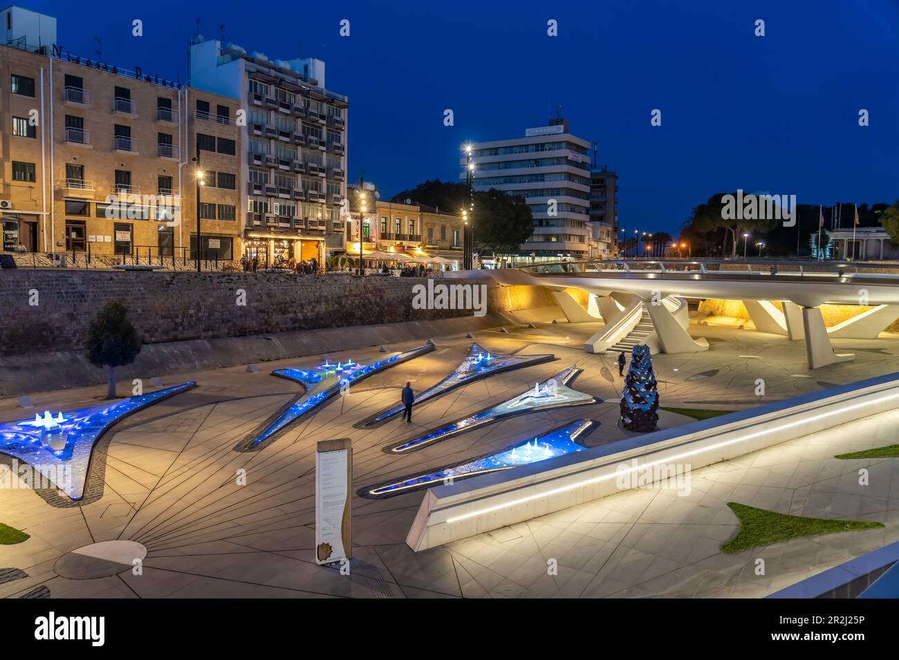 Modern architecture and colorful illuminated fountains on Eleftheria ...