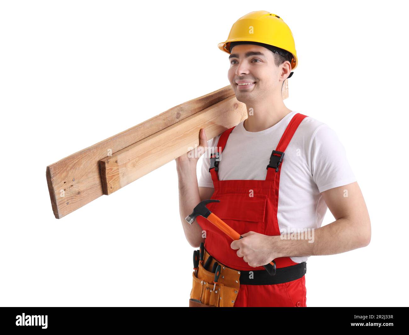 Young carpenter with wooden planks and hammer on white background Stock ...