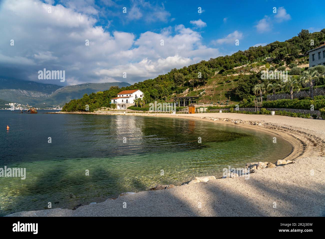 The beach of the fishing village of Rose, Luštica Peninsula, Montenegro ...