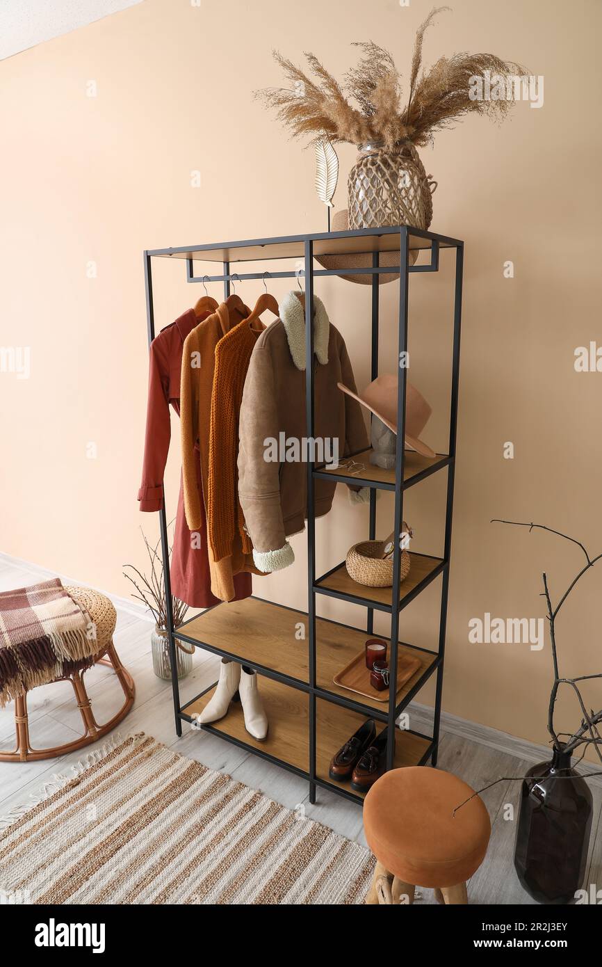 Interior of hall with shelving unit, clothes and shoes Stock Photo - Alamy