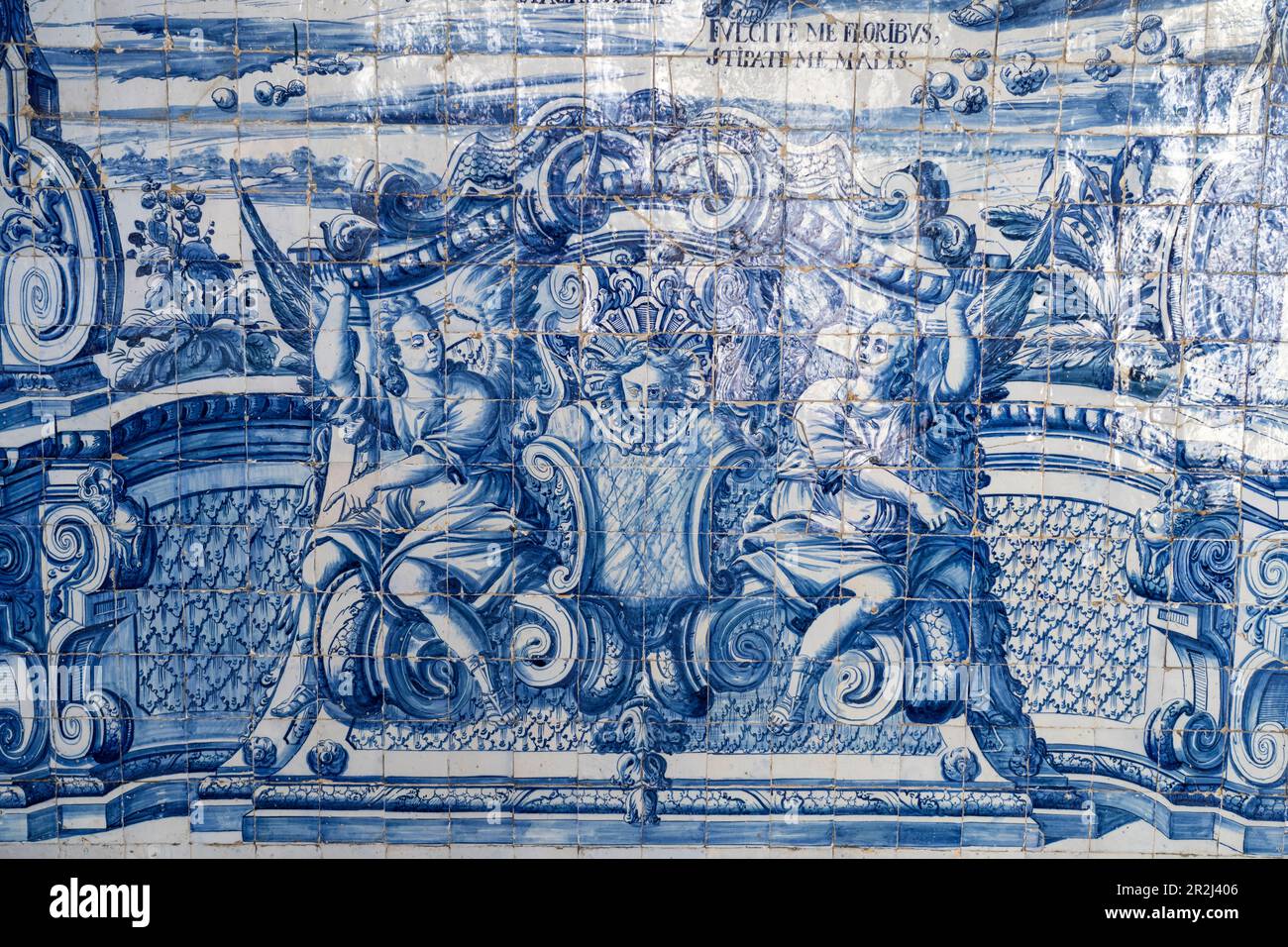 Mural made of typical blue tiles azulejos in the Sé do Porto Cathedral ...