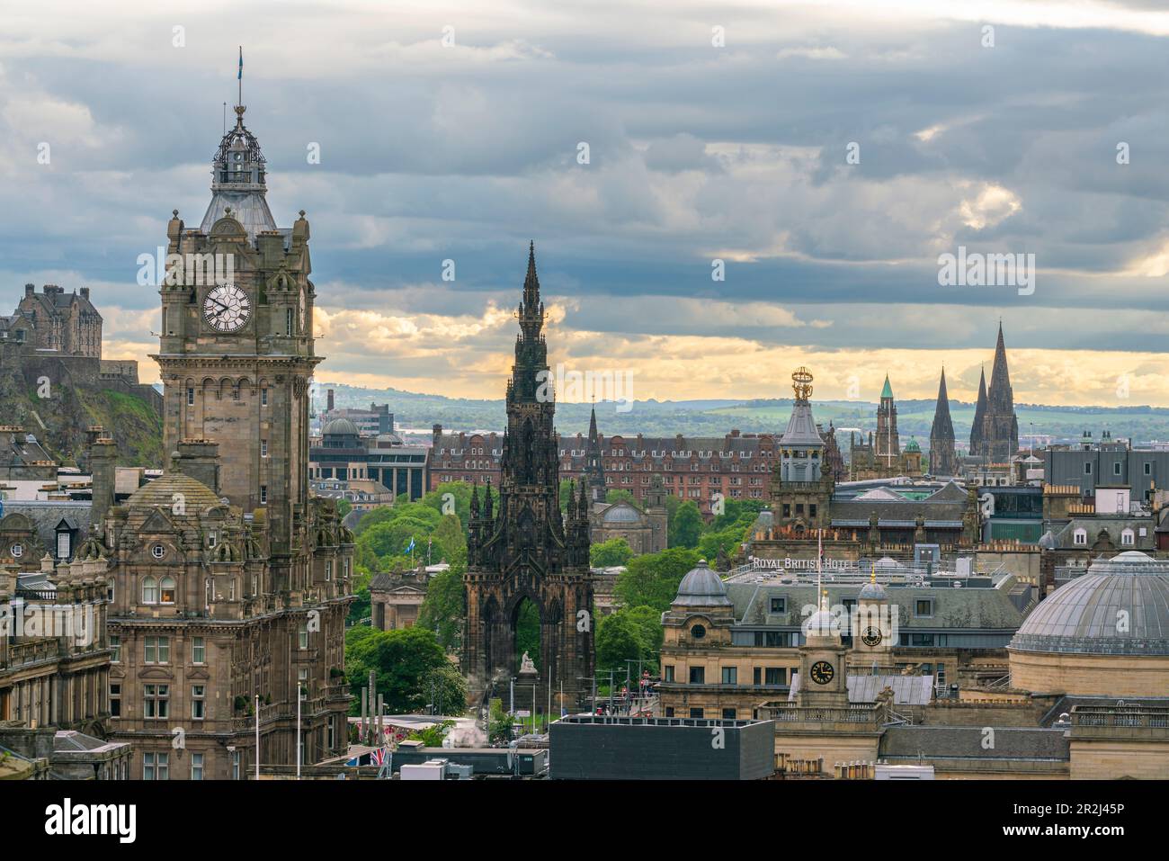 Balmoral Hotel clock tower and Scott Monument seen from Observatory ...