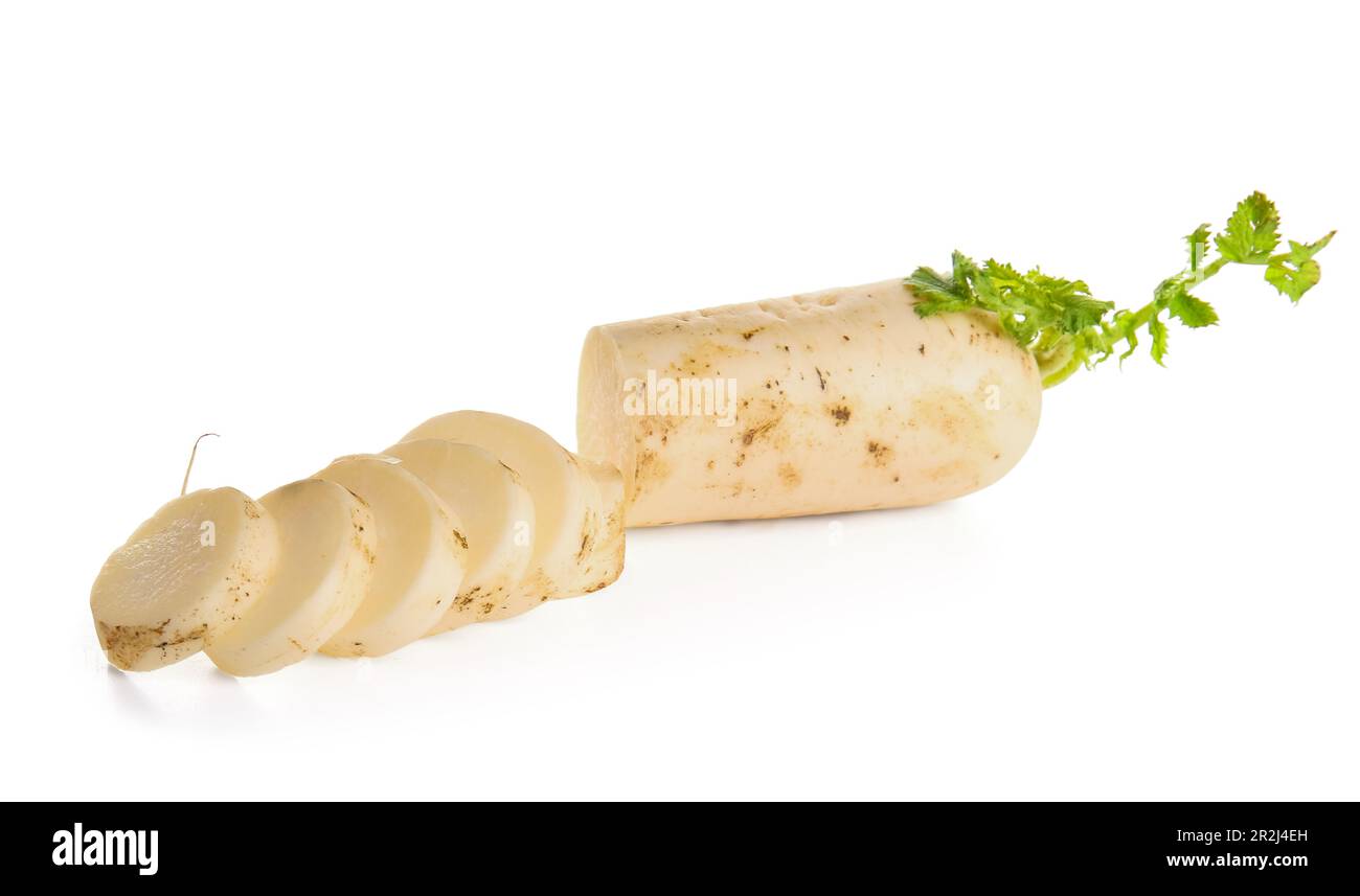 Fresh daikon radish on white background Stock Photo - Alamy