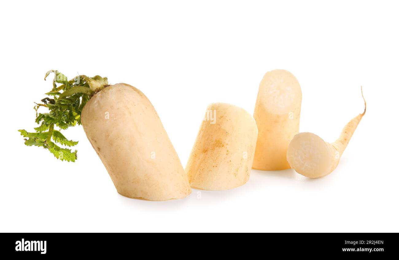 Fresh daikon radish on white background Stock Photo - Alamy