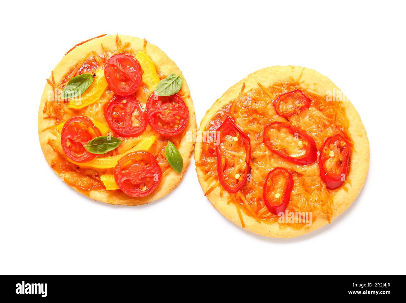 Different tasty mini pizzas on white background Stock Photo - Alamy