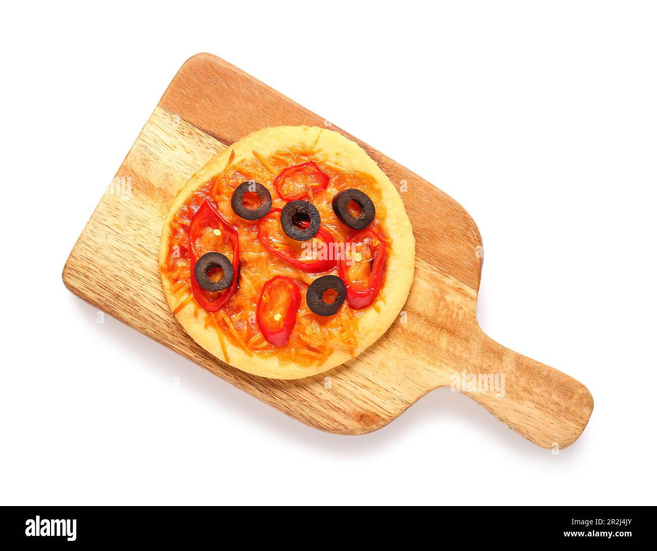 Board with tasty mini pizza on white background Stock Photo - Alamy