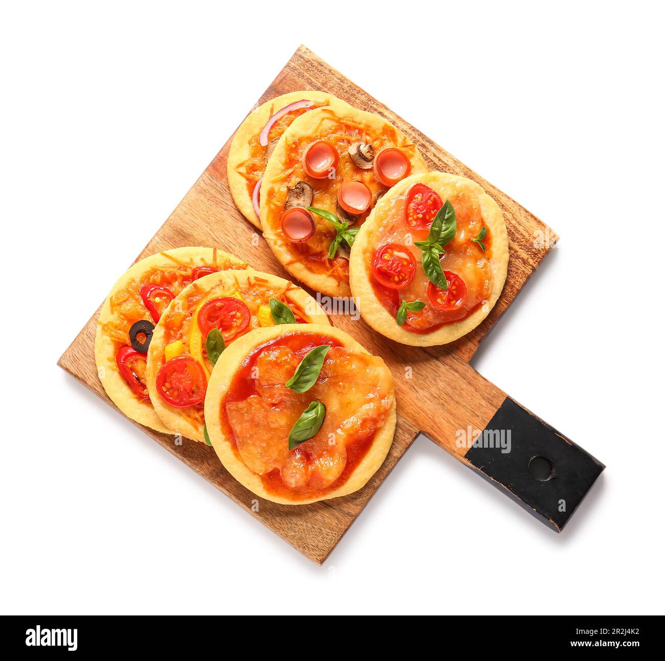 Board with different tasty mini pizzas on white background Stock Photo ...