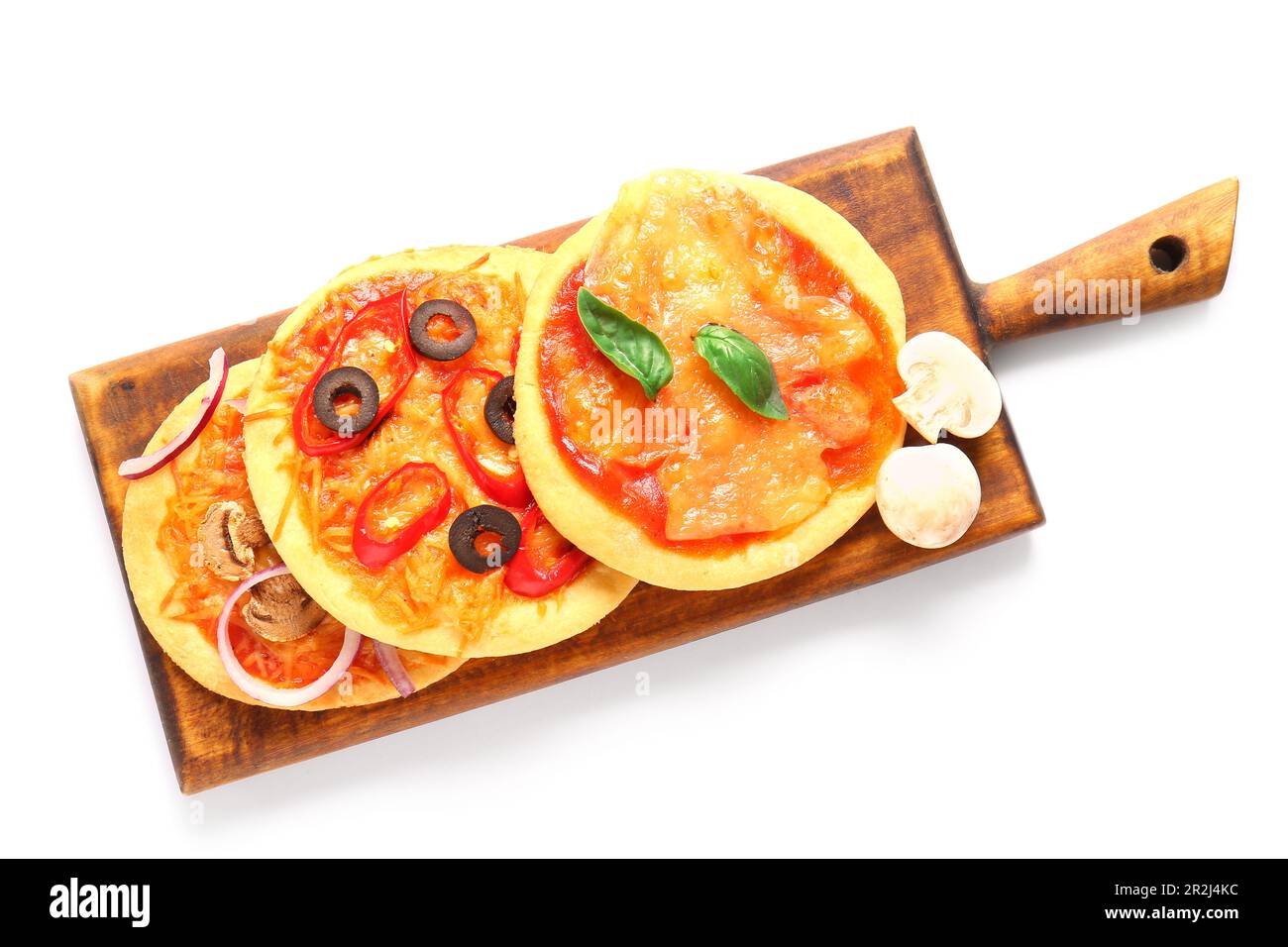 Board with different tasty mini pizzas on white background Stock Photo ...