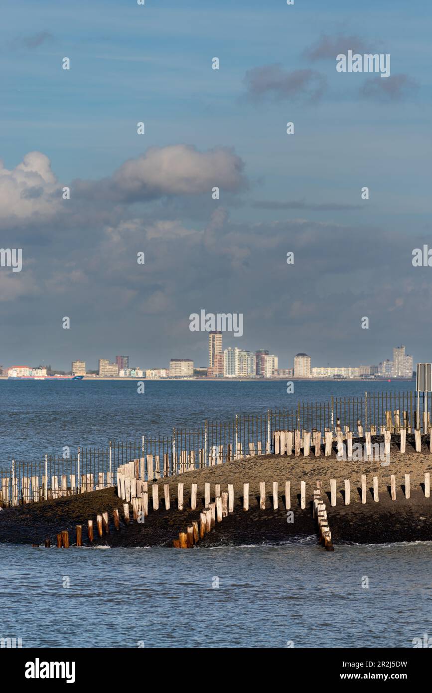 The Dutch city of Vlissingen as seen from the beach of Groede in the ...