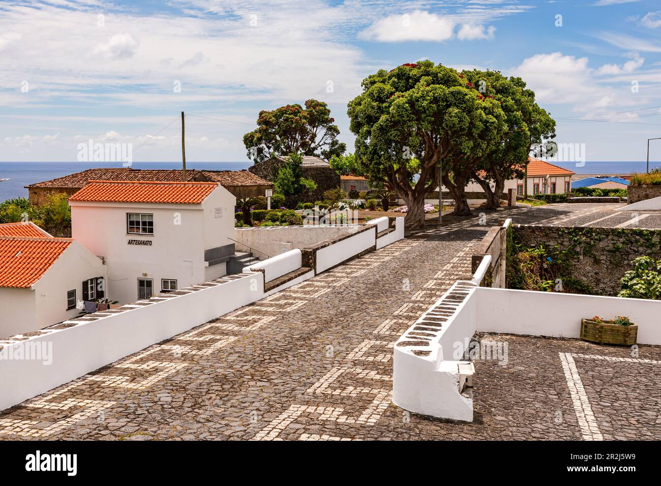 Cobbled street with houses and trees in the picturesque town of Lajes ...