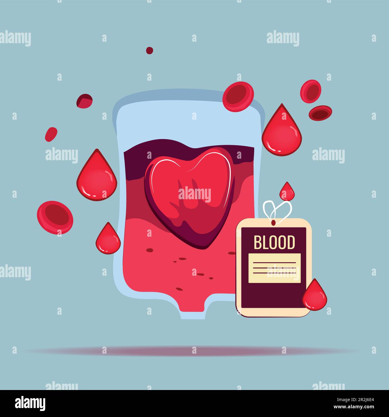 Day donation concept with bag of blood, hand and heart medical sign ...