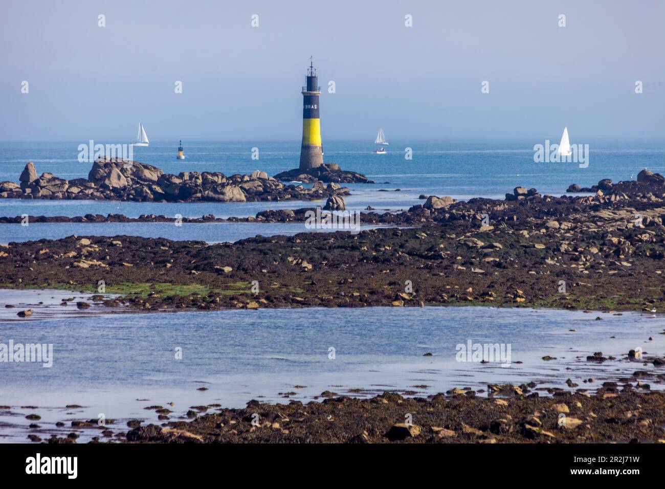 Lighthouse in front of Roscoff with sailing boats, Finistère, Brittany ...