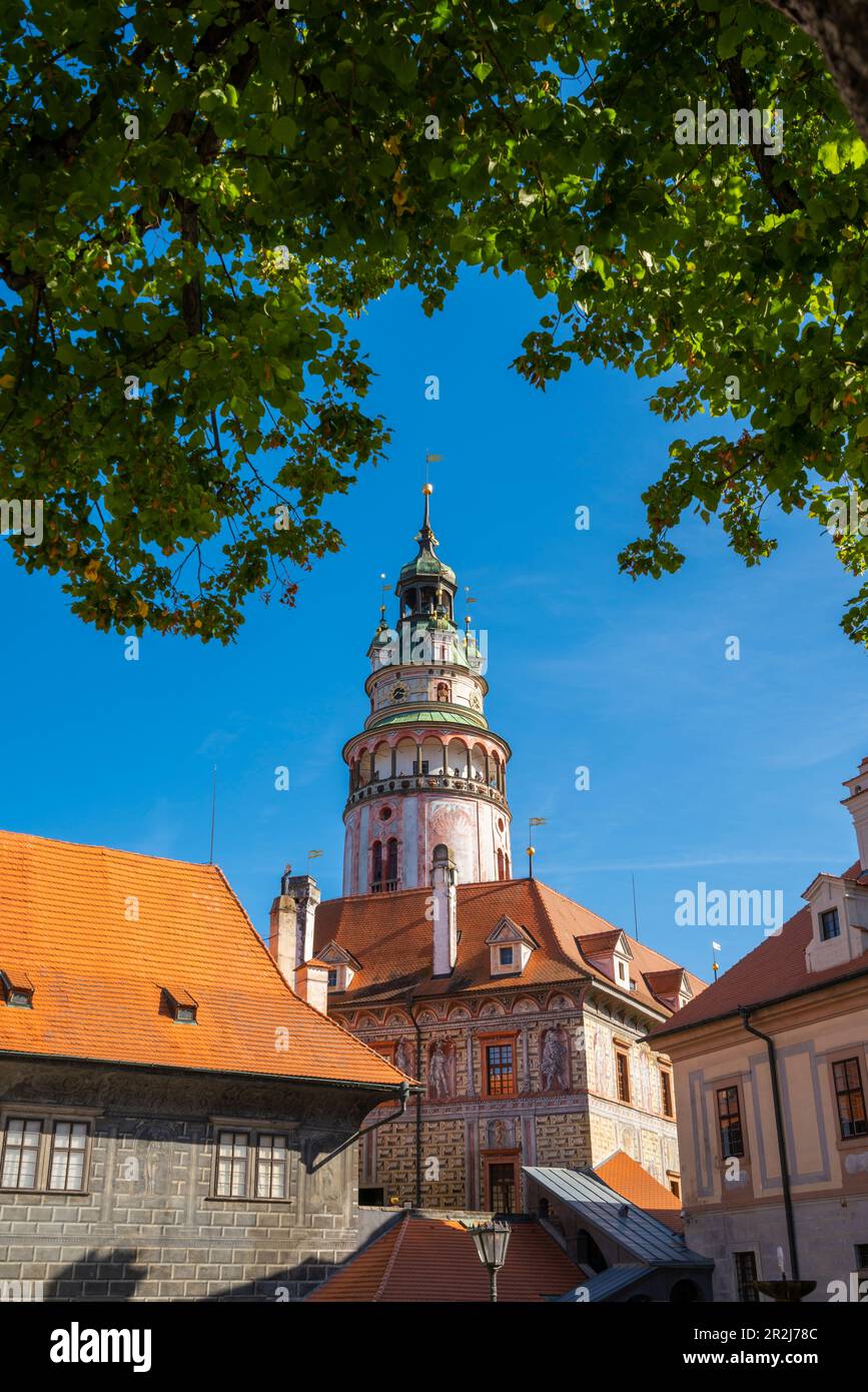 State Castle and Chateau Cesky Krumlov tower and blue sky, UNESCO World ...