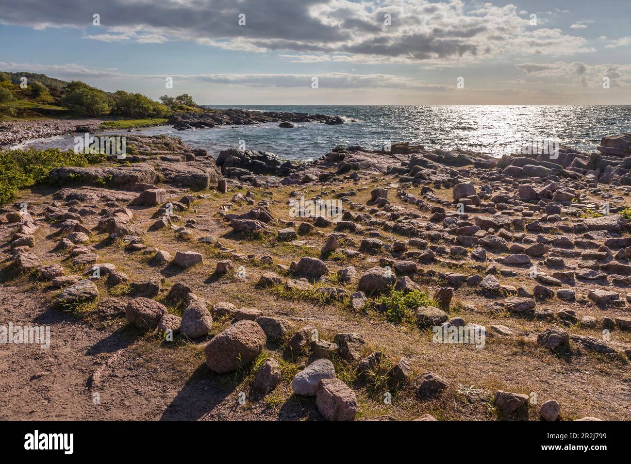 Stone circle on the coast at Hammeren on the northern tip of Bornholm ...