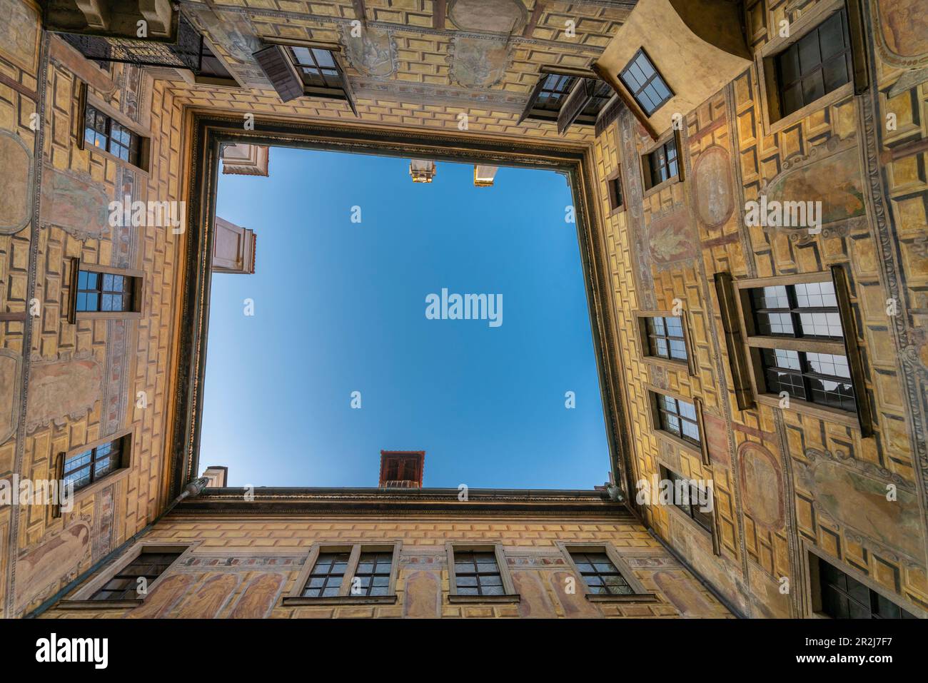Straight up view of Cesky Krumlov Castle from the Chateau Courtyard ...