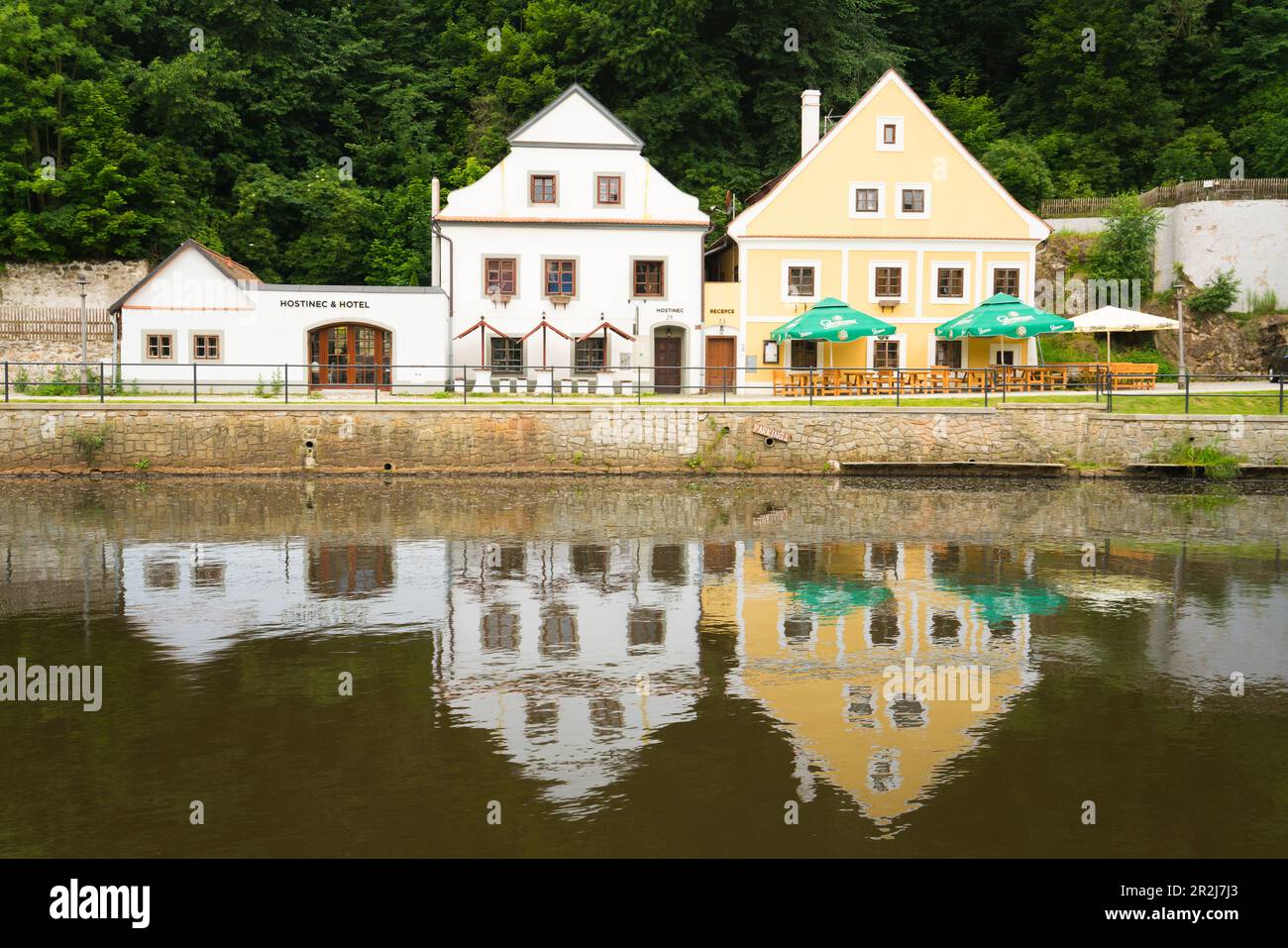 Exterior of houses in front of Vltava river at Cesky Krumlov, Czech ...