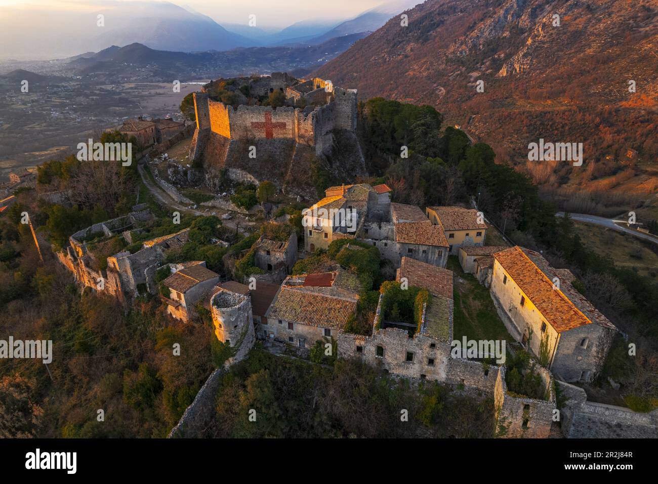 Aerial view of the medieval castle of Vicalvi, with red cross painted ...