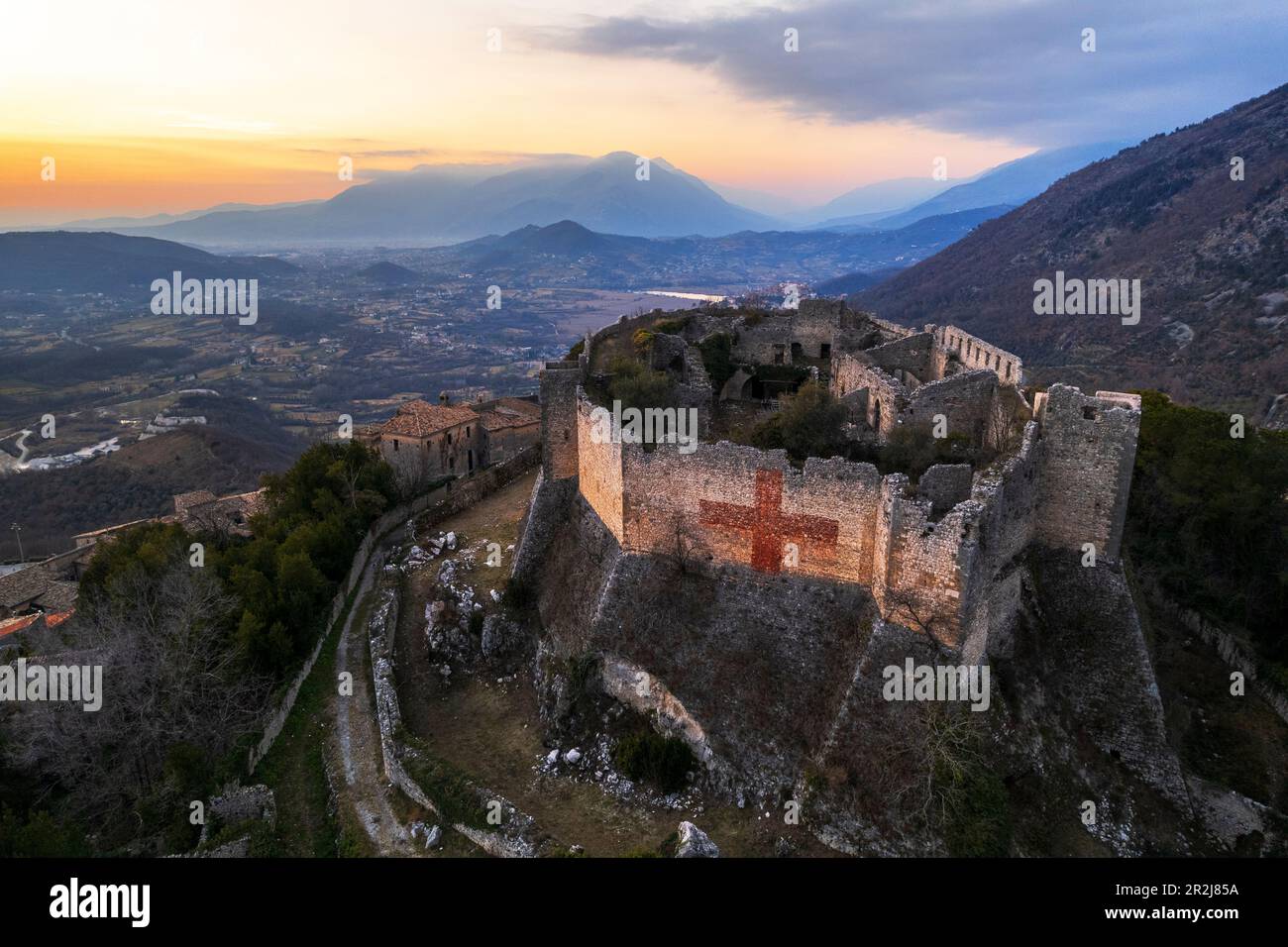 Aerial view of the medieval castle of Vicalvi overlooking the valley ...