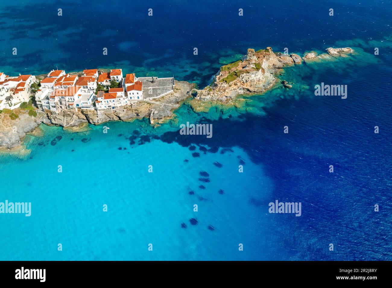 Aerial drone view of iconic and picturesque Andros (Chora) Andros ...