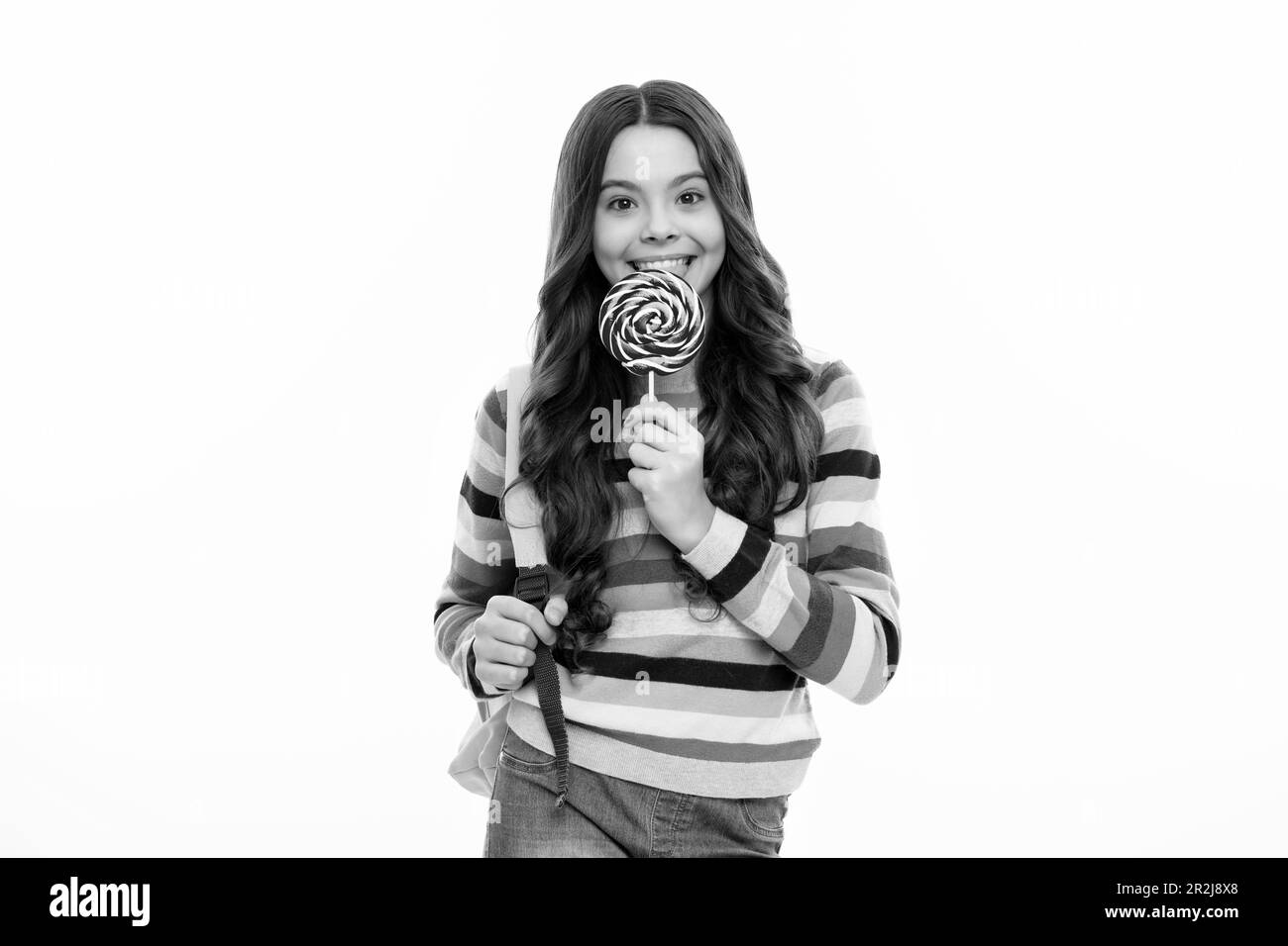 Teenager girl with caramel candies on sticks, sweet sugar addiction ...