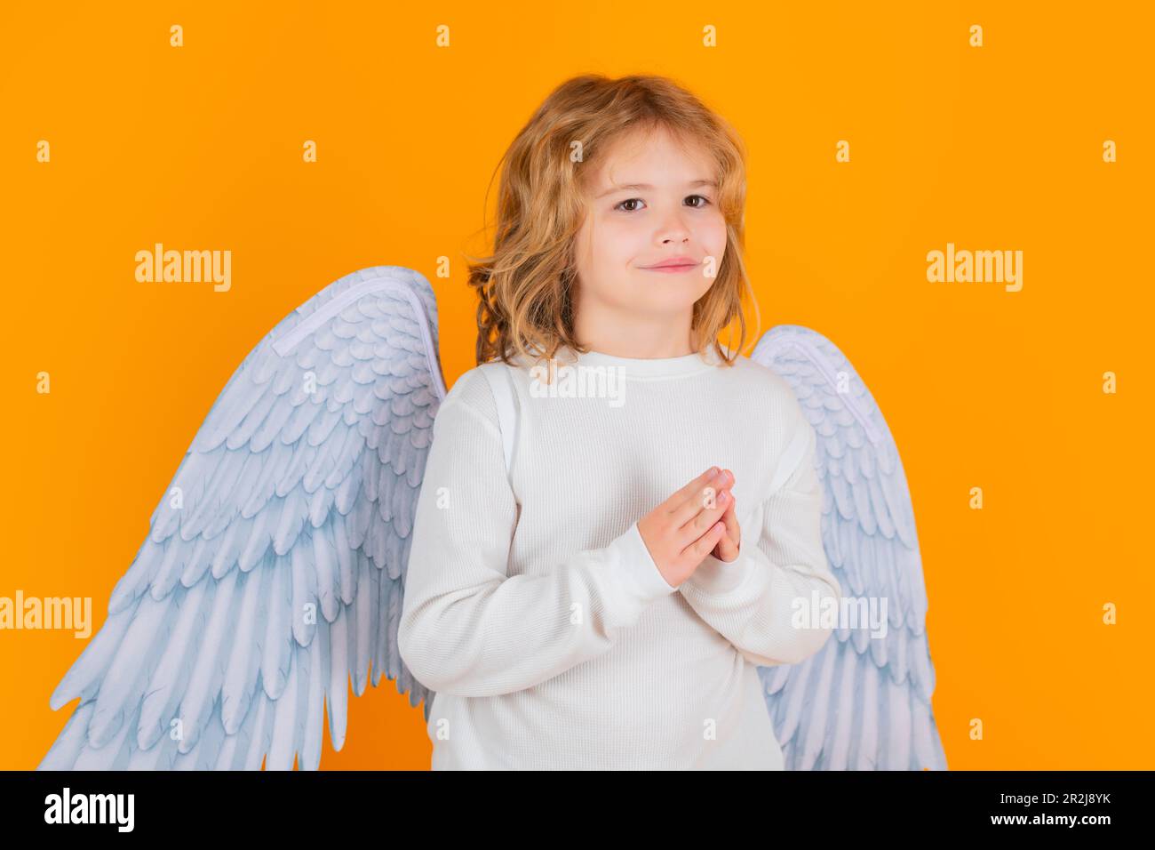 Little cute child at angel costume on isolated background. Kid with ...