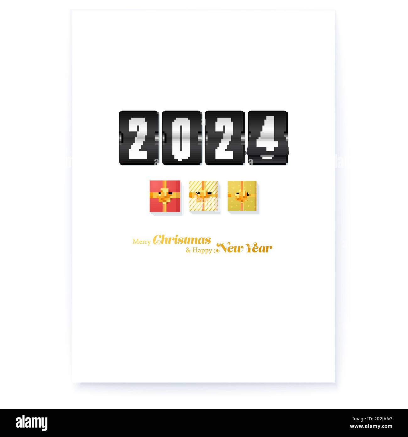 Happy New Year 2024. Poster template. Analog mechanical flip timetable and gift boxes on white ...